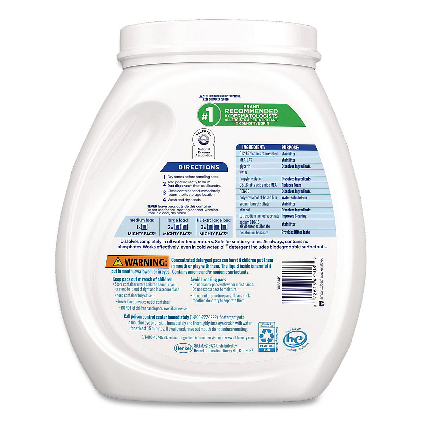All MIGHTY PACS Free Clear Laundry Detergent, 80 Pods/Tub, 4 Tubs ...