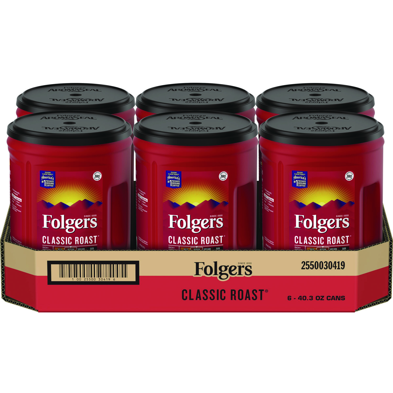 Folgers Classic Roast Ground Coffee, 40.3 oz Canister, 6/Carton (30419 ...